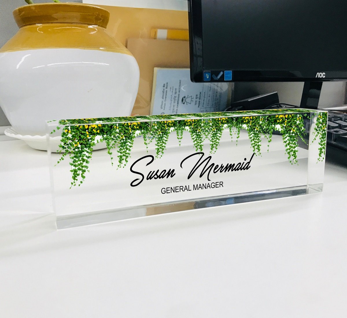 Premium Acrylic Desk Name Plate Green Leaf - ooclas