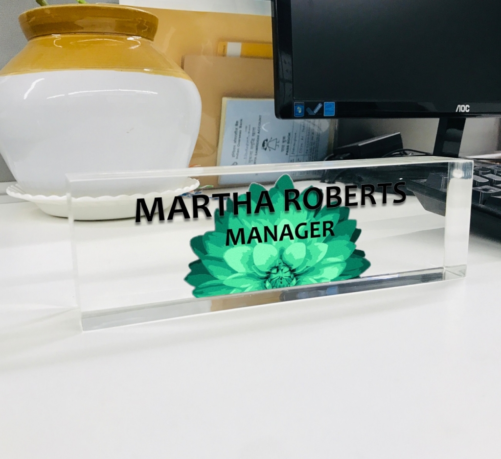 Premium Acrylic Desk Name Plate Green Flower - ooclas