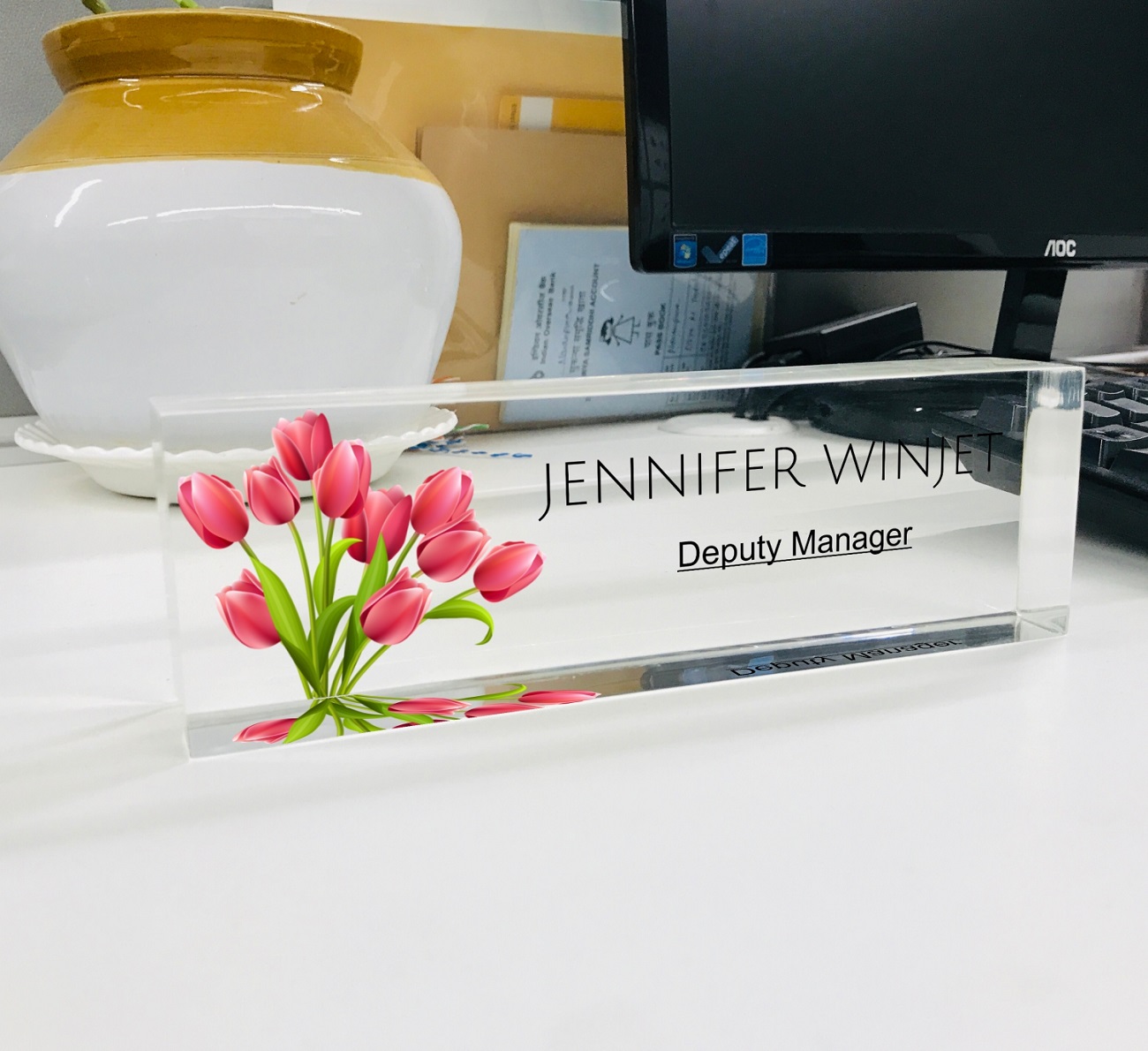 Premium Acrylic Desk Name Plates Red Flower - ooclas