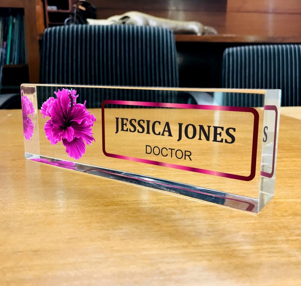 Premium Customize Acrylic Desk Name Plate Decent Flower Design - ooclas